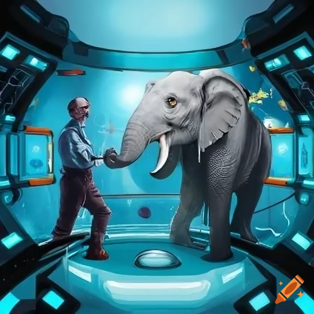 Professor admiring an elephant inside a futuristic spaceship on Craiyon