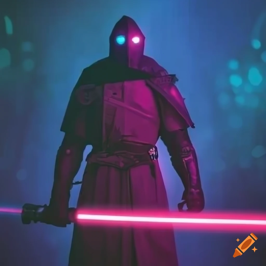 Futuristic crusader knight with a lightsaber in front of neon-lit ...