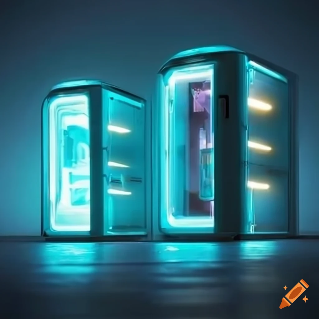 Futuristic locker with holograms and dispensers on Craiyon