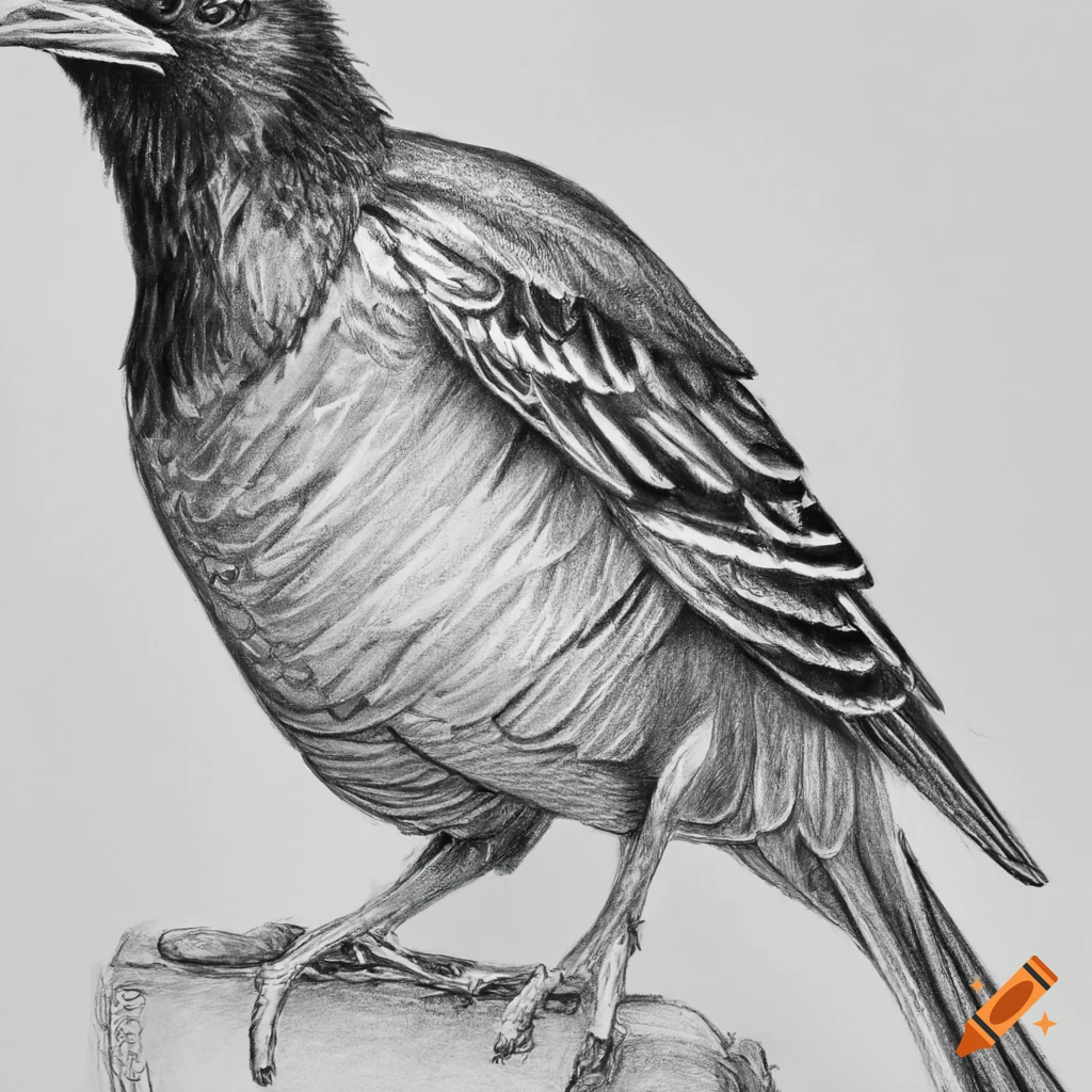 Student studying with a starling bird pencil drawing on Craiyon