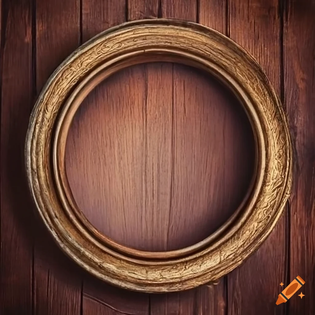 Antique round picture frame on wooden backdrop on Craiyon