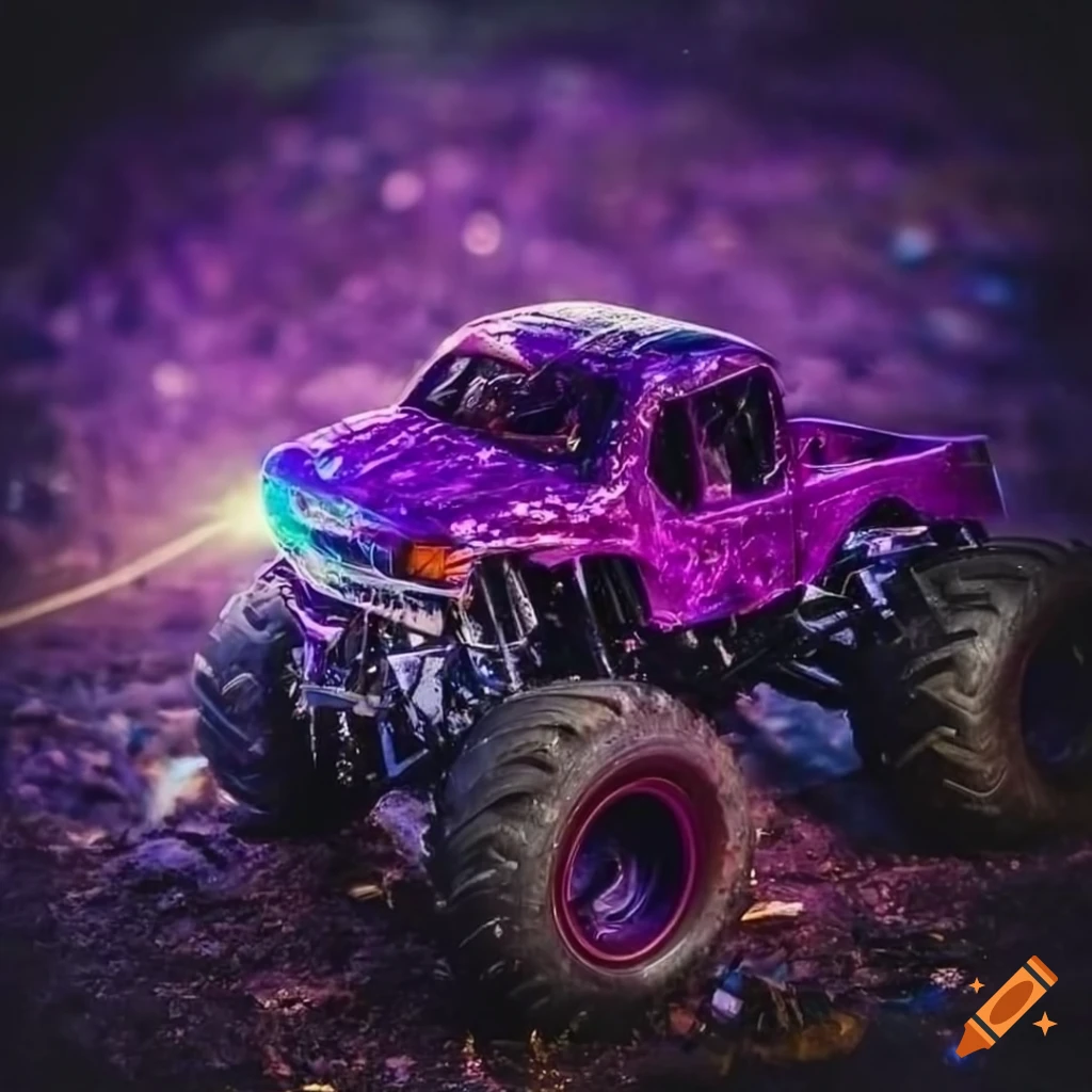 Purple lava monster truck with a meteorite and galaxy design on Craiyon
