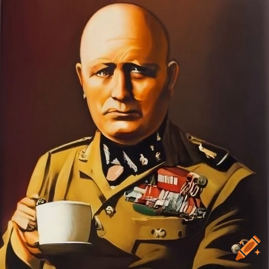 Italian propaganda poster of benito mussolini holding a mug of coffee ...