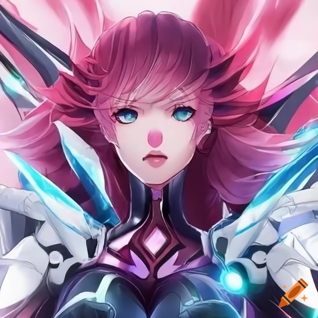 Anime queen character with crimson crystal icy meteor hair in battle ...