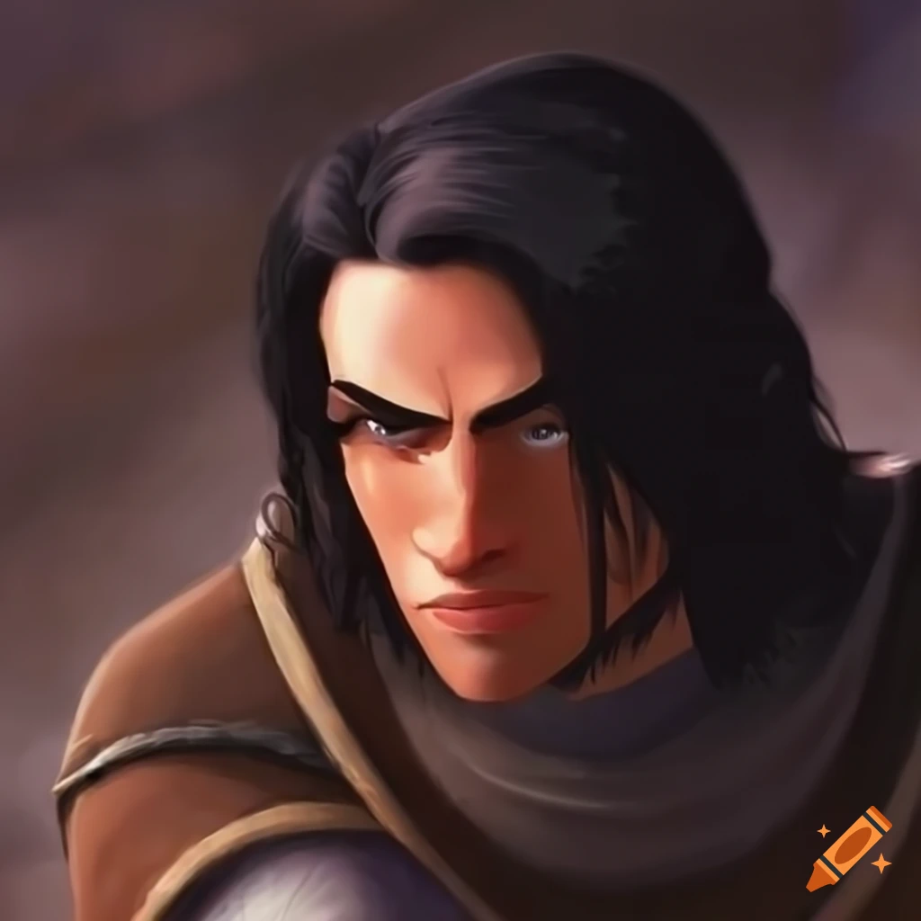 Close up portrait of a handsome male medieval rogue with black hair on ...