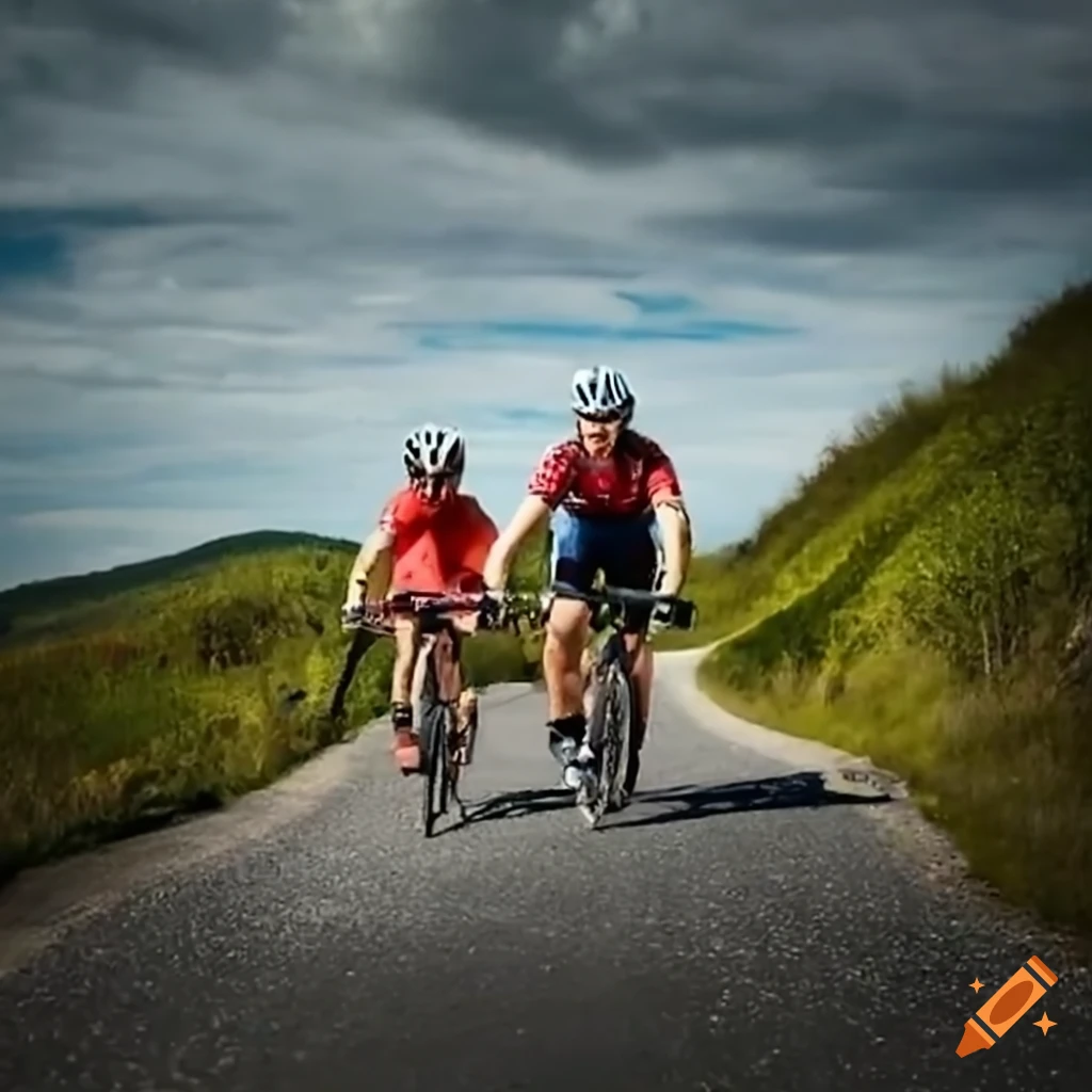 Cyclist man and woman riding mountain bikes on a flat path on Craiyon