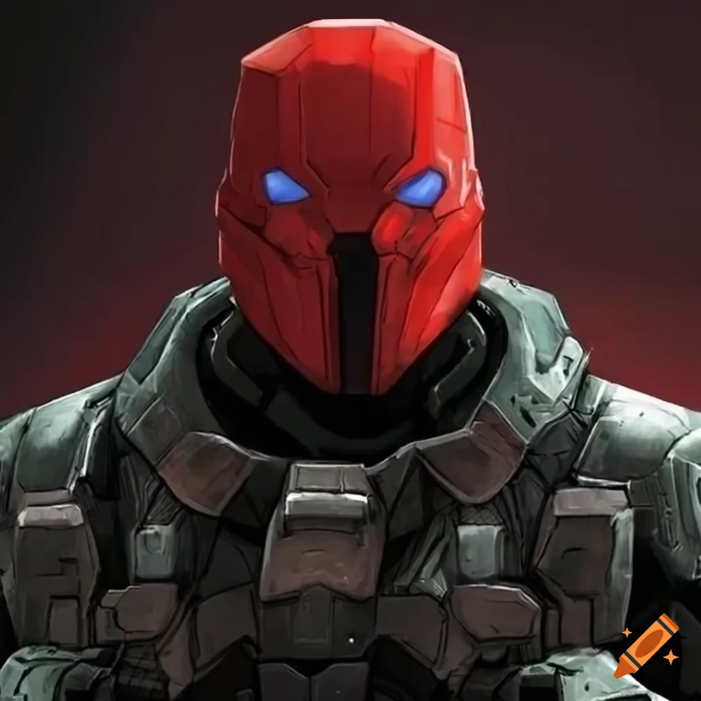 Red hood character in a futuristic sci-fi world resembling halo on Craiyon