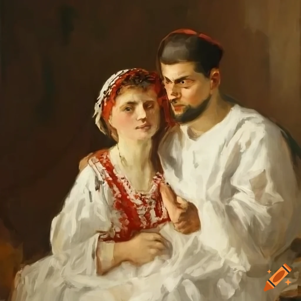 Man and woman in traditional Samaritan clothes in an impressionist ...