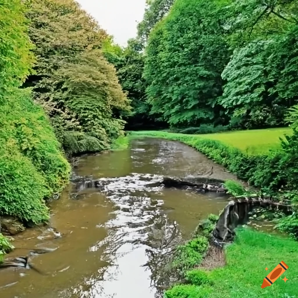 Gardens in knighton park with a stream in leicester, england on Craiyon