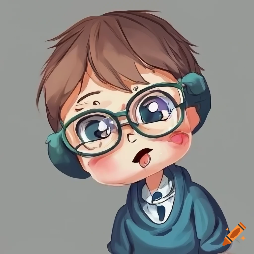 Curious schoolboy with round cheeks and glasses in chibi style on Craiyon