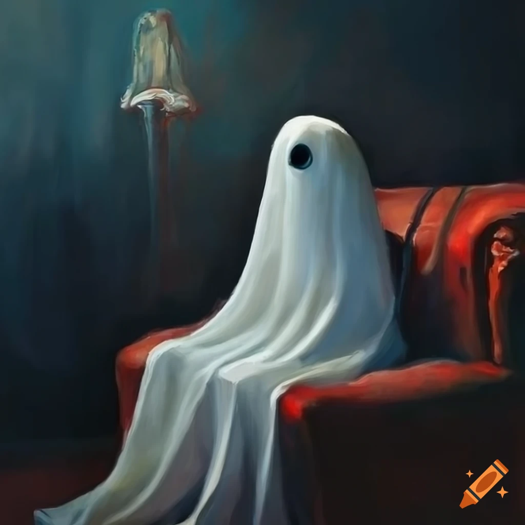 Ghost on a couch holding a remote control in a detailed painting on Craiyon