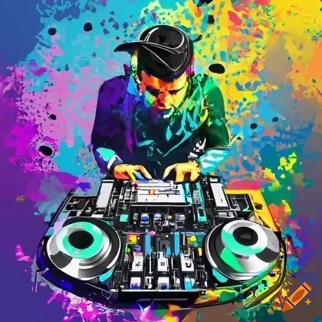 Dj playing on colorful decks with vibrant paint splashes on Craiyon
