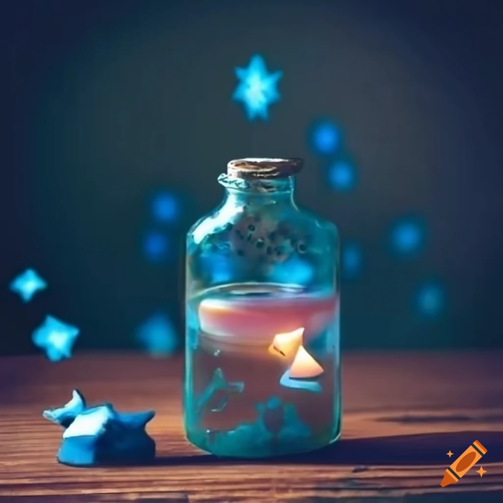 Magical potion in a glass bottle on a wooden table surrounded by ...