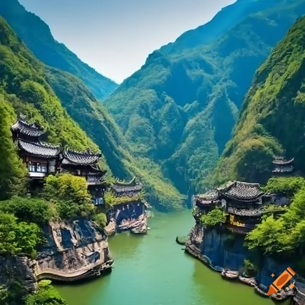 Ancient Chinese hillside town with a river on Craiyon