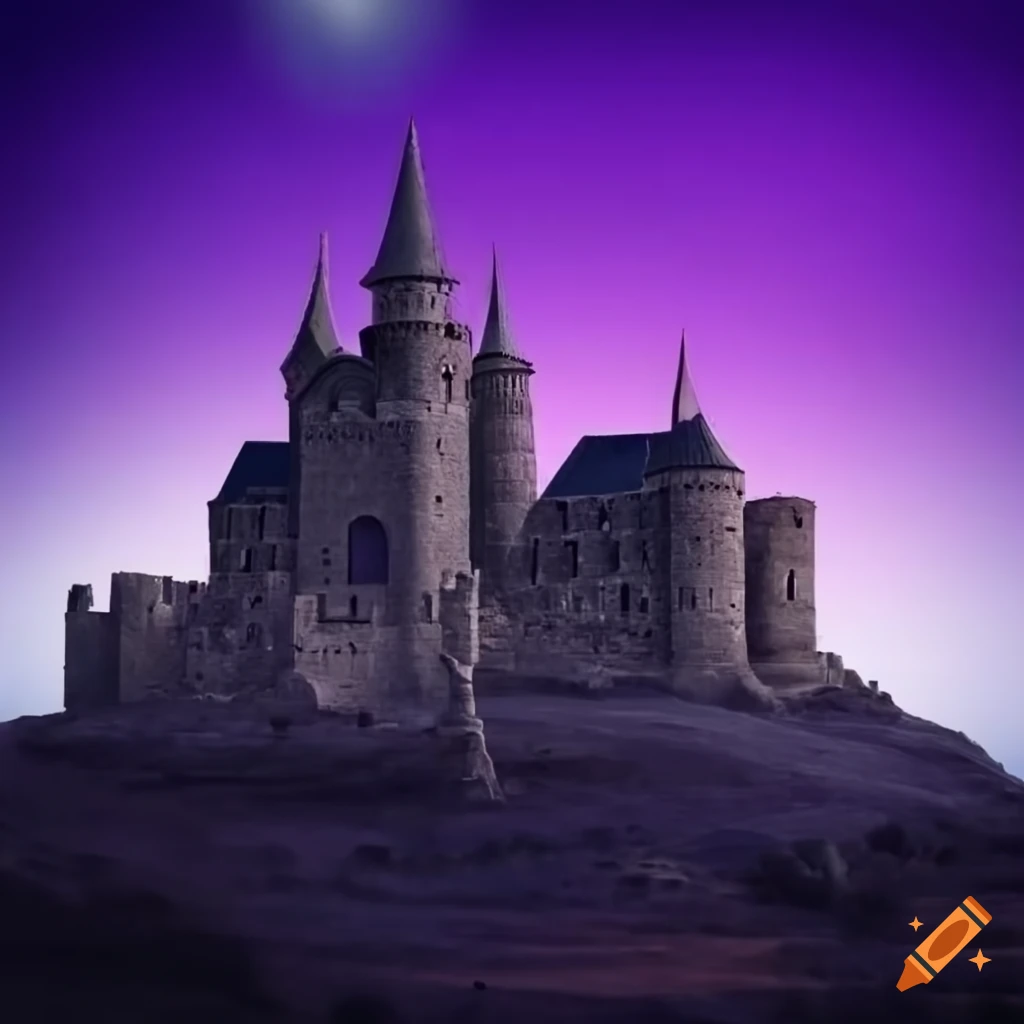 Ancient grey stone castle with spiked towers on purple ground with ...
