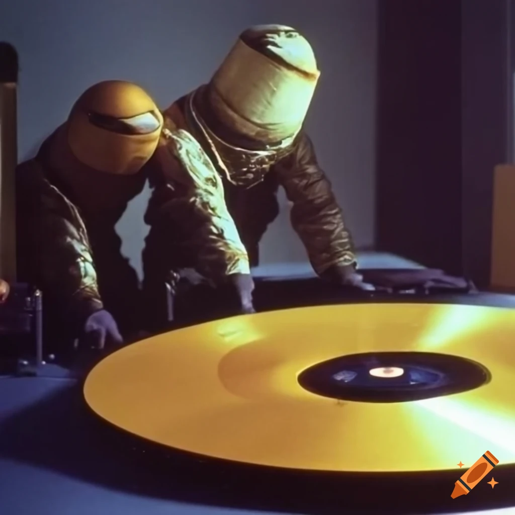 Nasa scientists in hazmat suits with a triangle-shaped golden lp in a ...