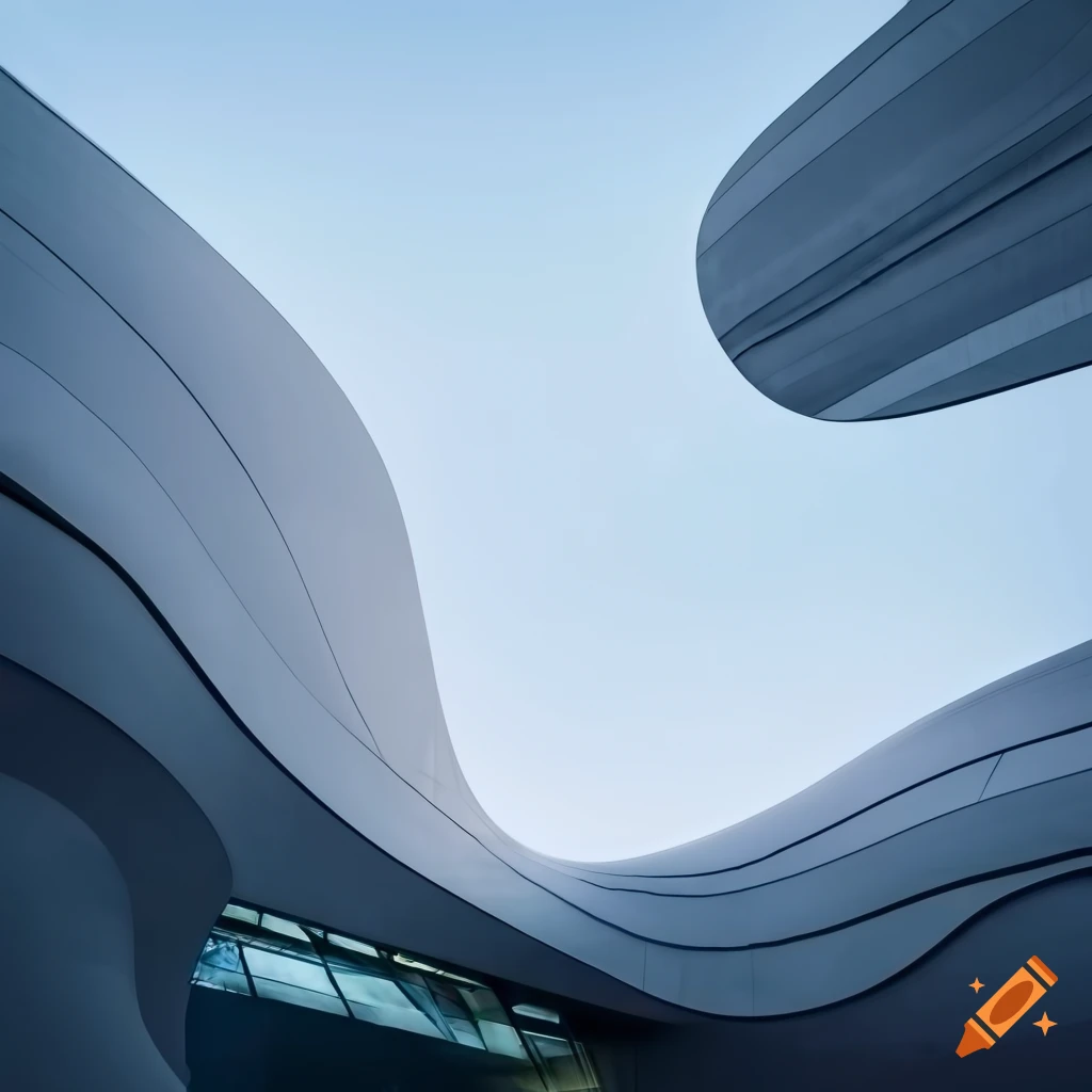 Exterior view of a modern shopping mall with organic curvilinear design ...