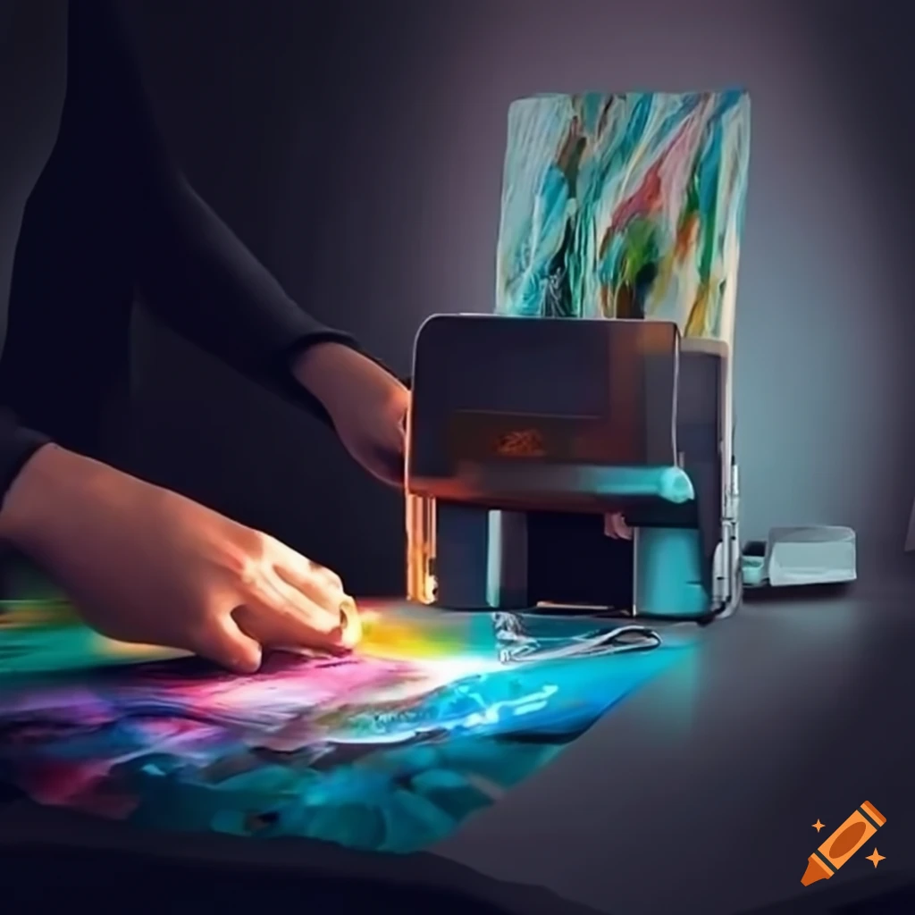 Creative artist using digital tablet and high-resolution printer for ...