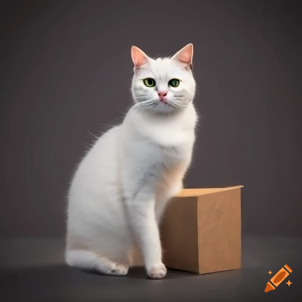 White cat near a box on Craiyon