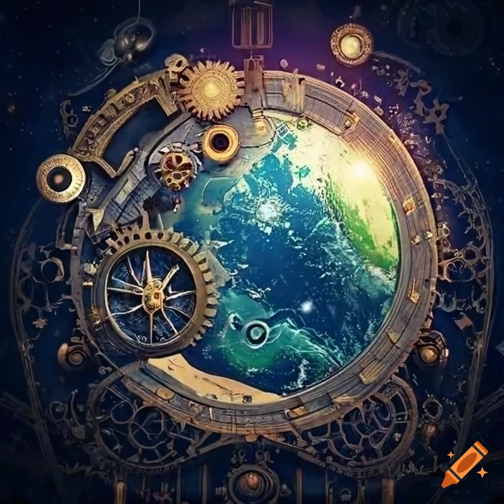 Sci-art with steampunk style, earth, compass, planets, and celestial ...