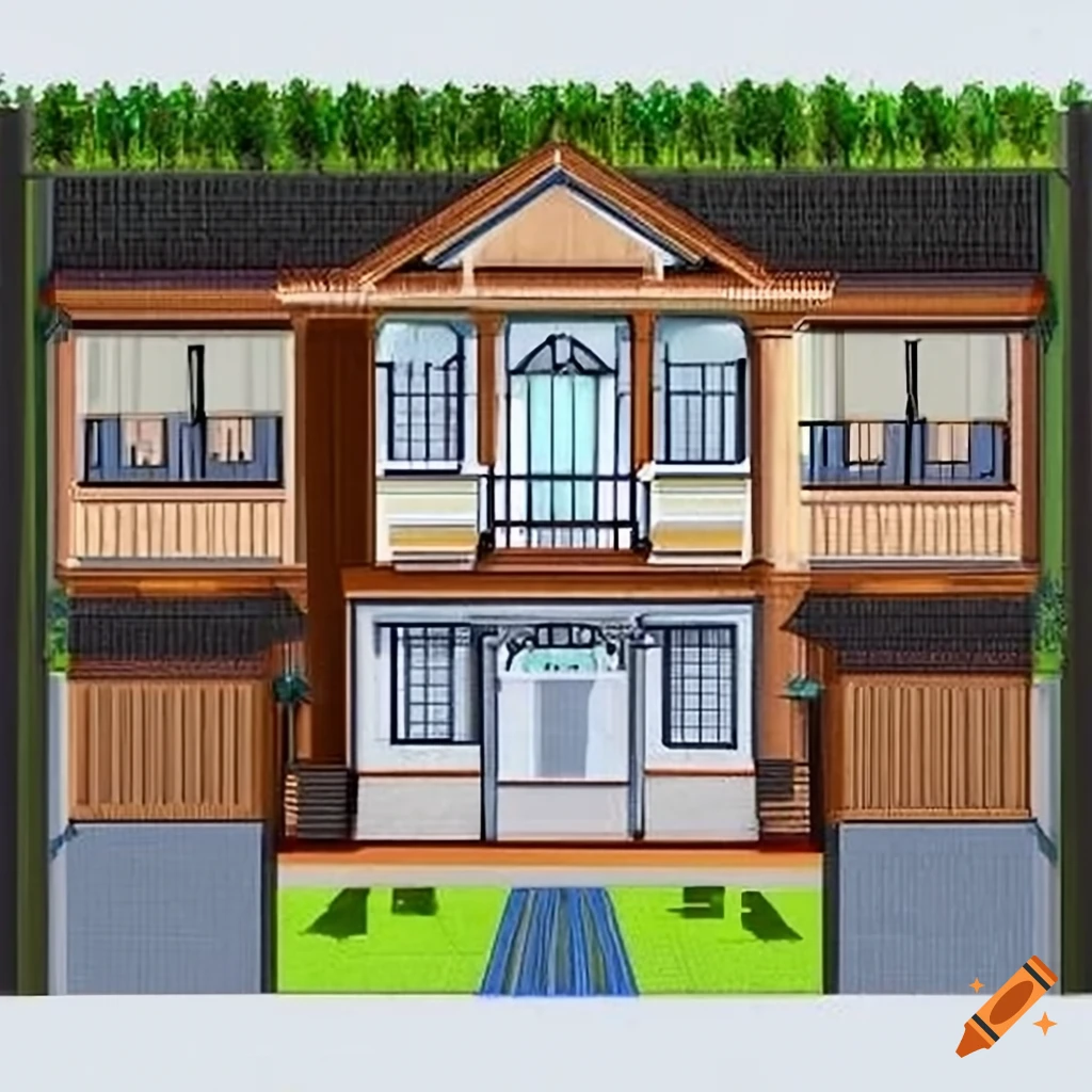 Perspective view of a modern one-floor majestic house with a main gate ...