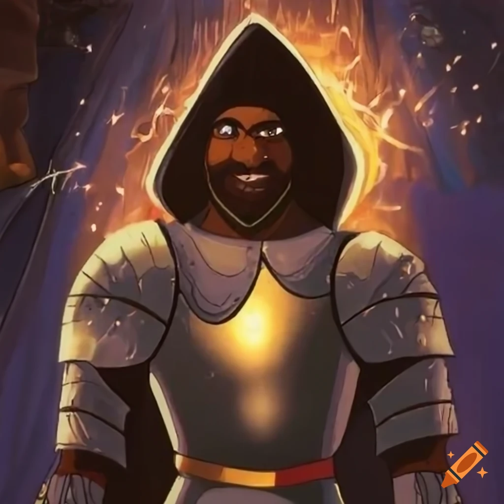 Close-up portrait of a medieval soldier in plate armor with divine ...