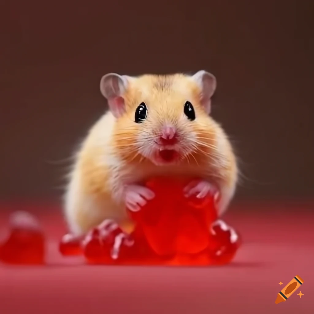 Hamster eating a red gummy bear on Craiyon