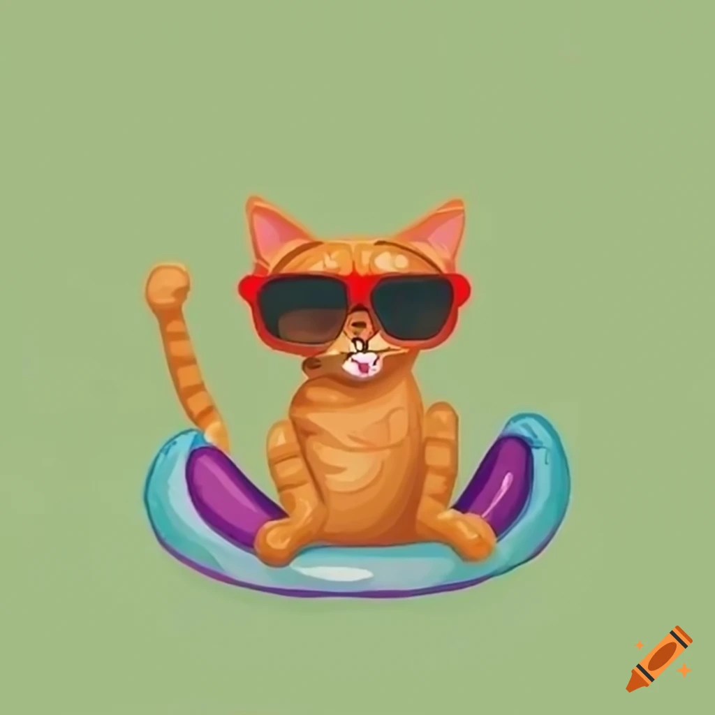 Cool orange cat lounging on a colorful floatie with sunglasses on Craiyon