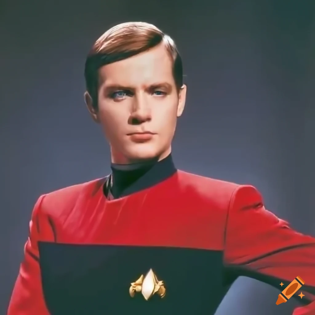 Guy with short brown hair in a red starfleet uniform, identified as a ...