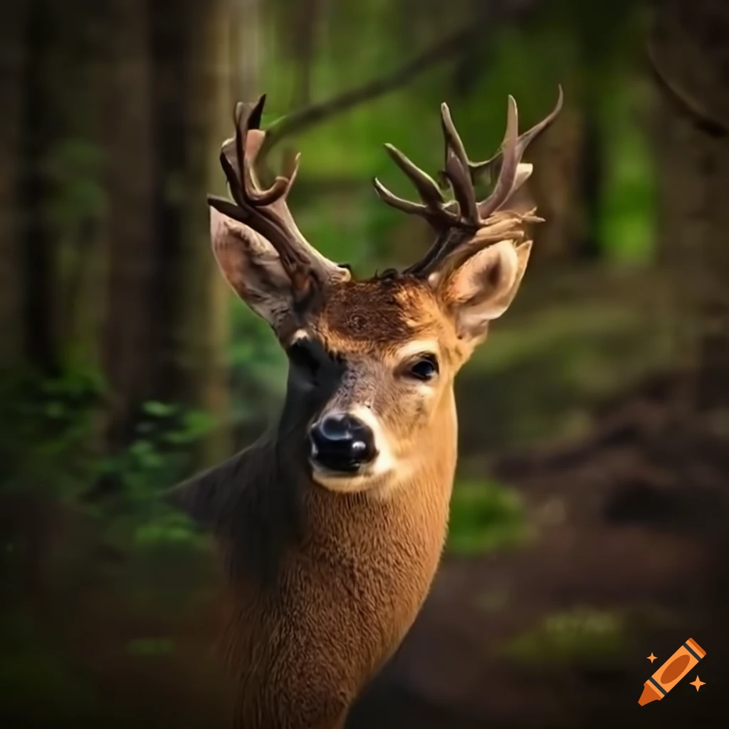 Ground level view of a deer in the woods on Craiyon