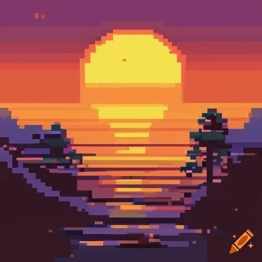 Pixel art of a sunset landscape on Craiyon
