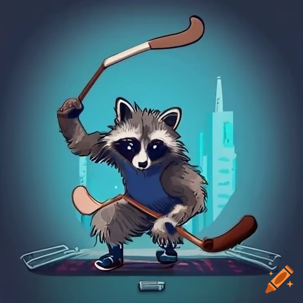 Raccoon playing hockey in a city on Craiyon