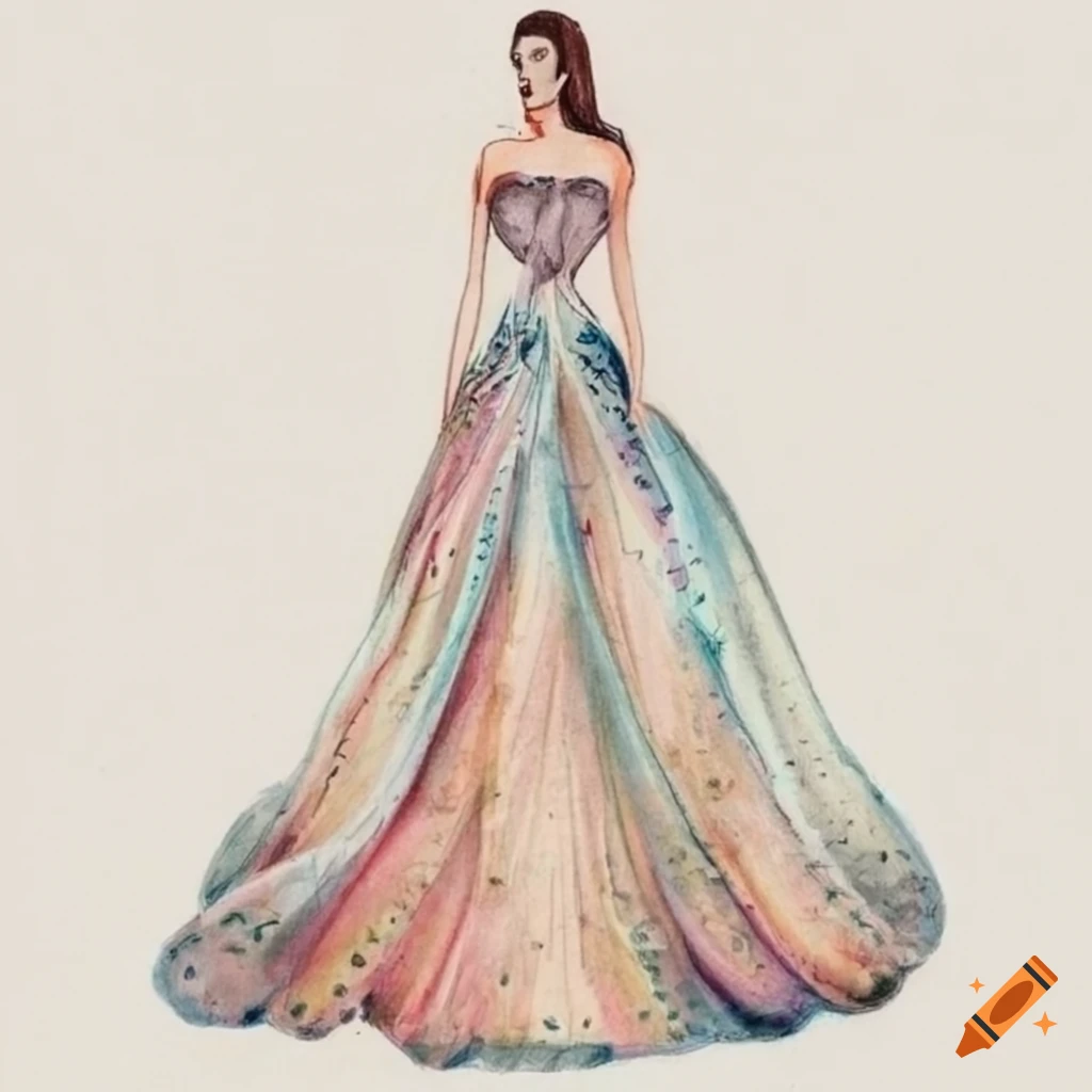 Fashion gown dress drawn with colored pencils on Craiyon