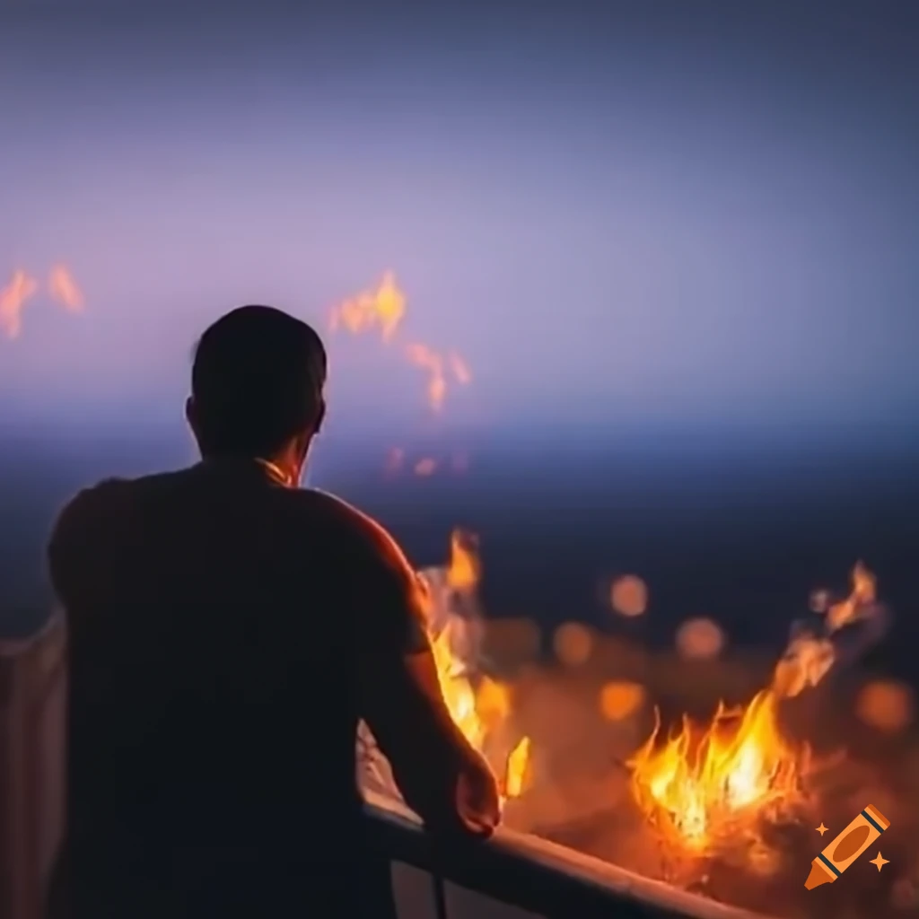 Man watching a fiery field from a balcony on Craiyon