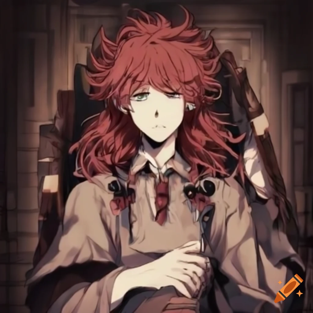 Anime male with long ruffled hair surrounded by books on Craiyon