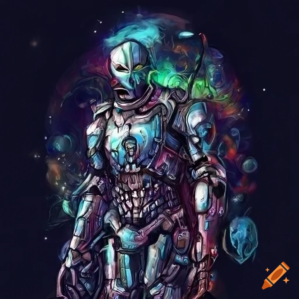 Gothic artwork of a hero in robotic armor in cyberspace on Craiyon