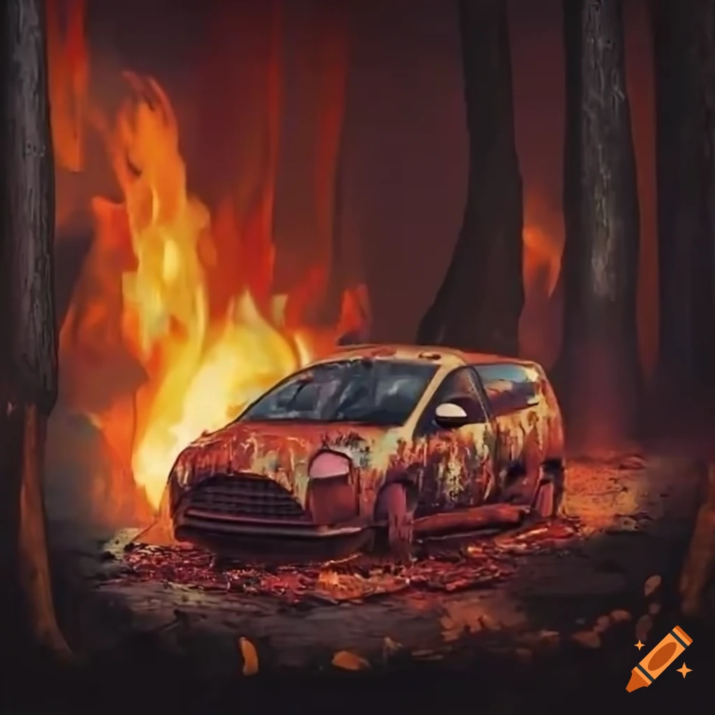 Weathered ford focus covered in fire next to two dogs on a woodland ...