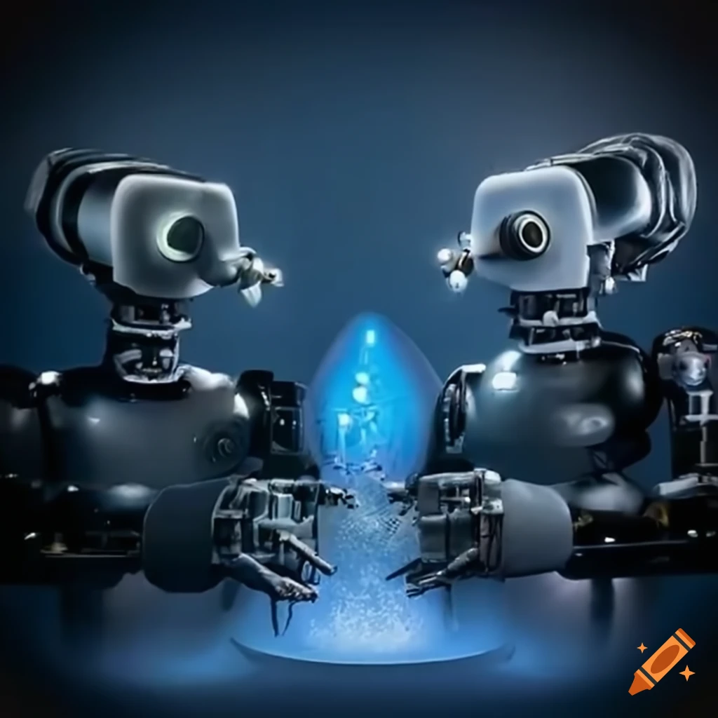 Robots and androids celebrating at a digital products table on Craiyon