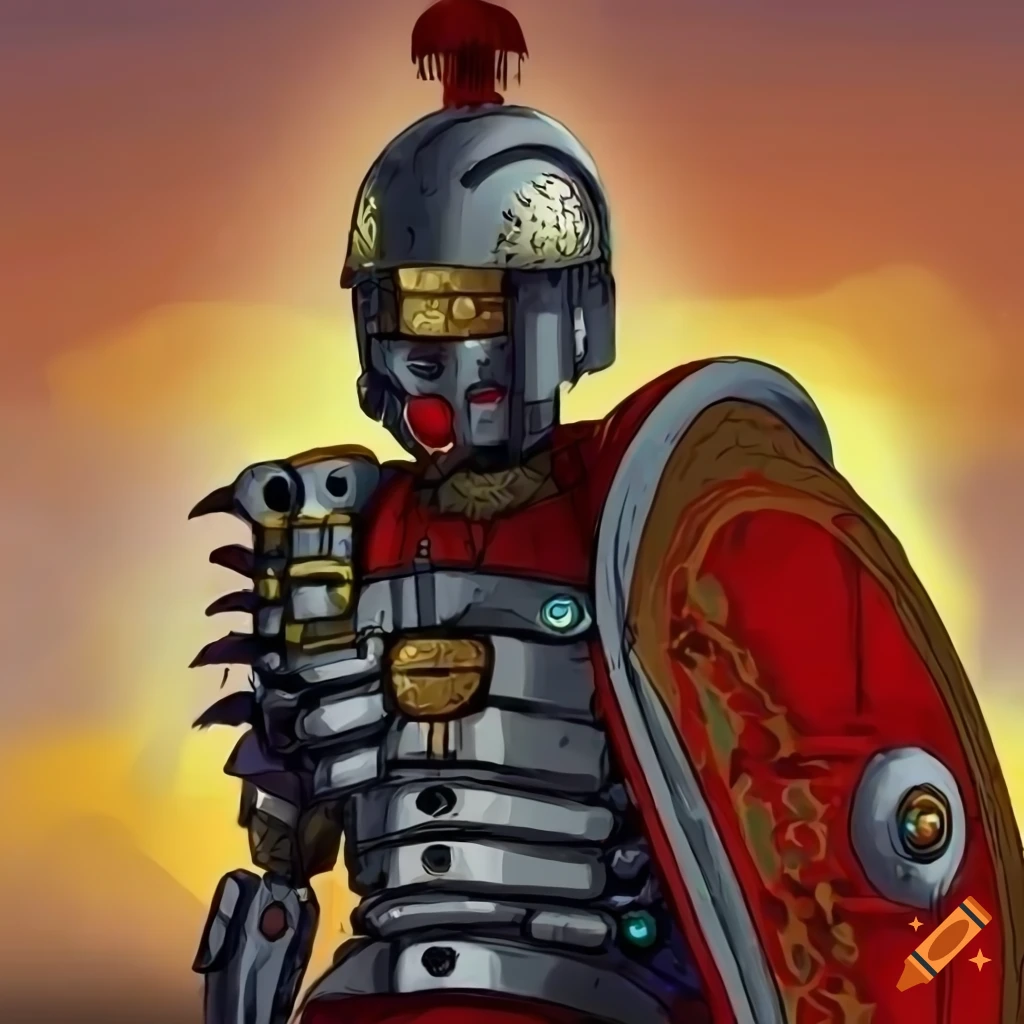 Anime-style robotic roman legionary in a pastoral setting on Craiyon