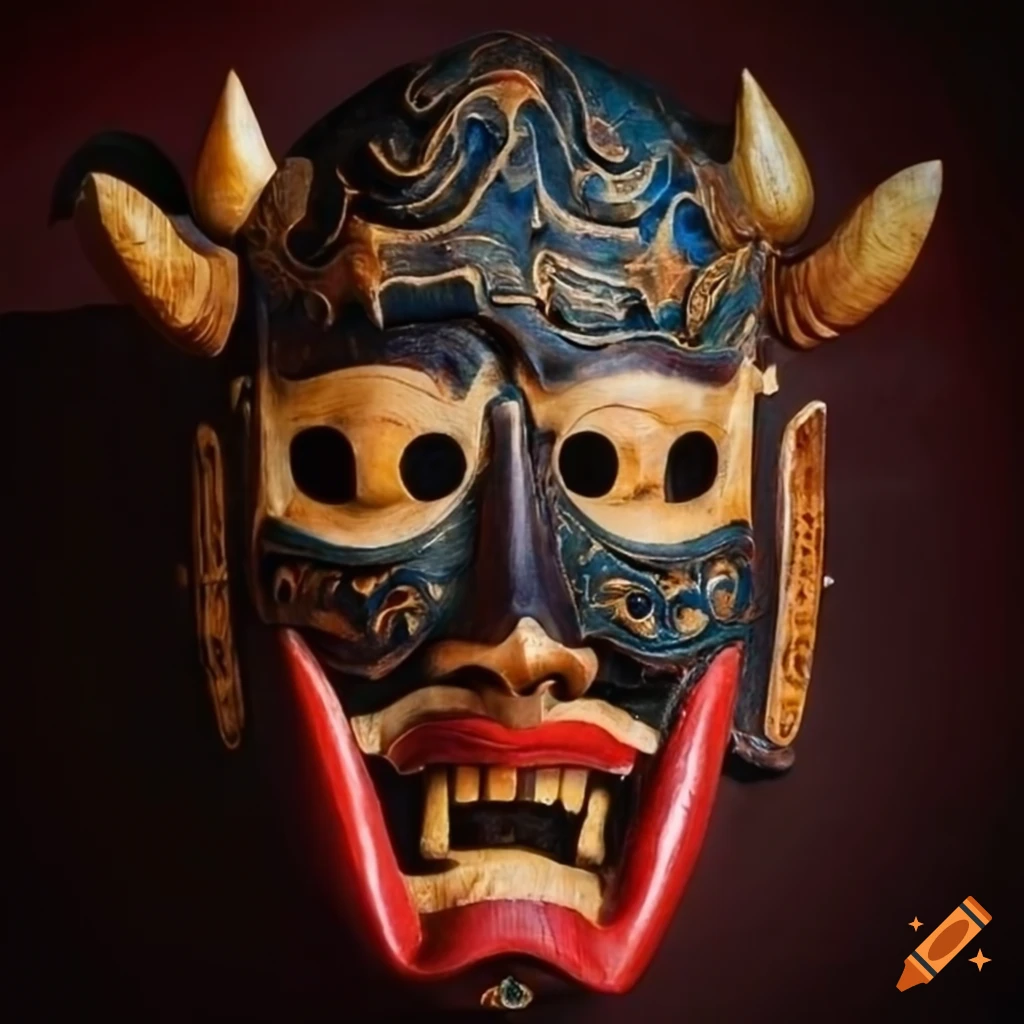 Wooden war mask in Chinese style with fangs on Craiyon