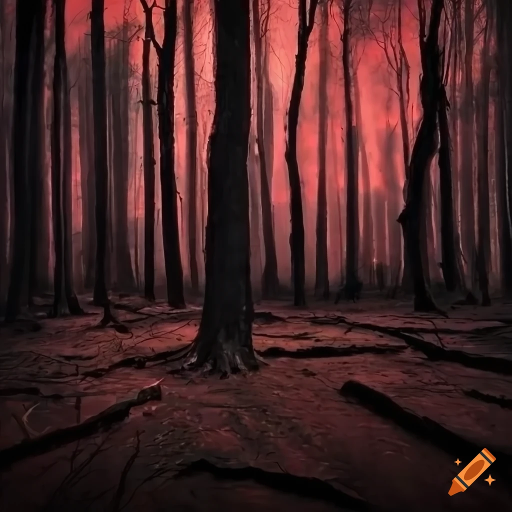 Desolate charred forest with black trees under a red sky on Craiyon