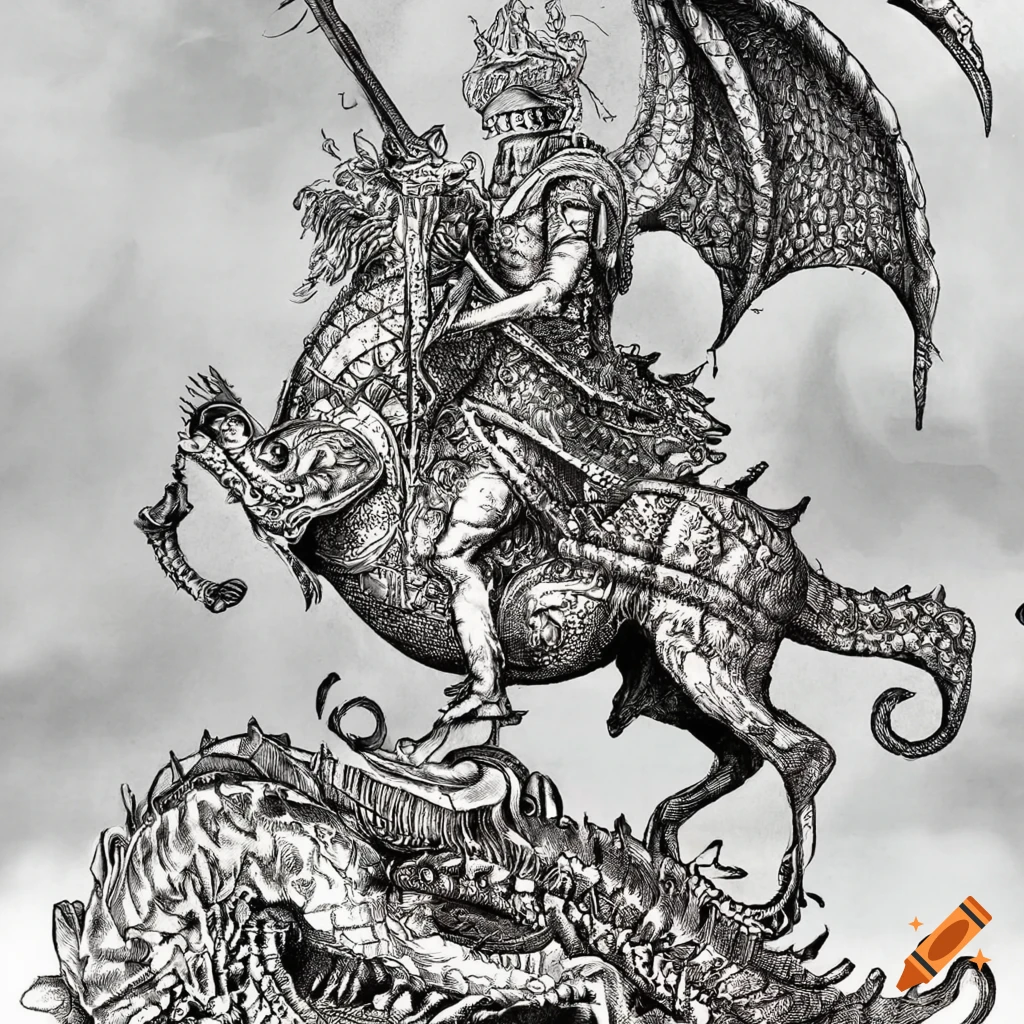 Intricate ink drawing of Saint George on horseback battling a dragon on ...