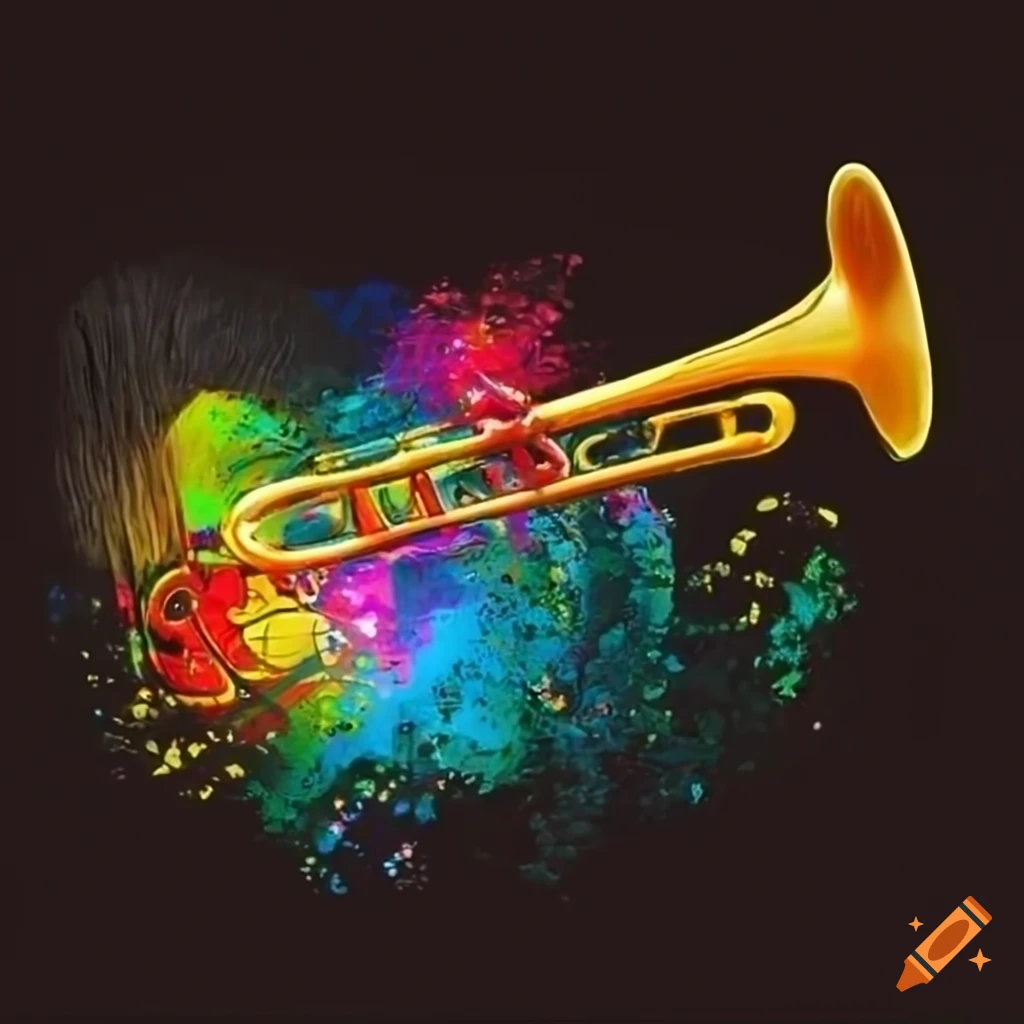 Abstract art design of a trumpet turning into a paintbrush with musical ...