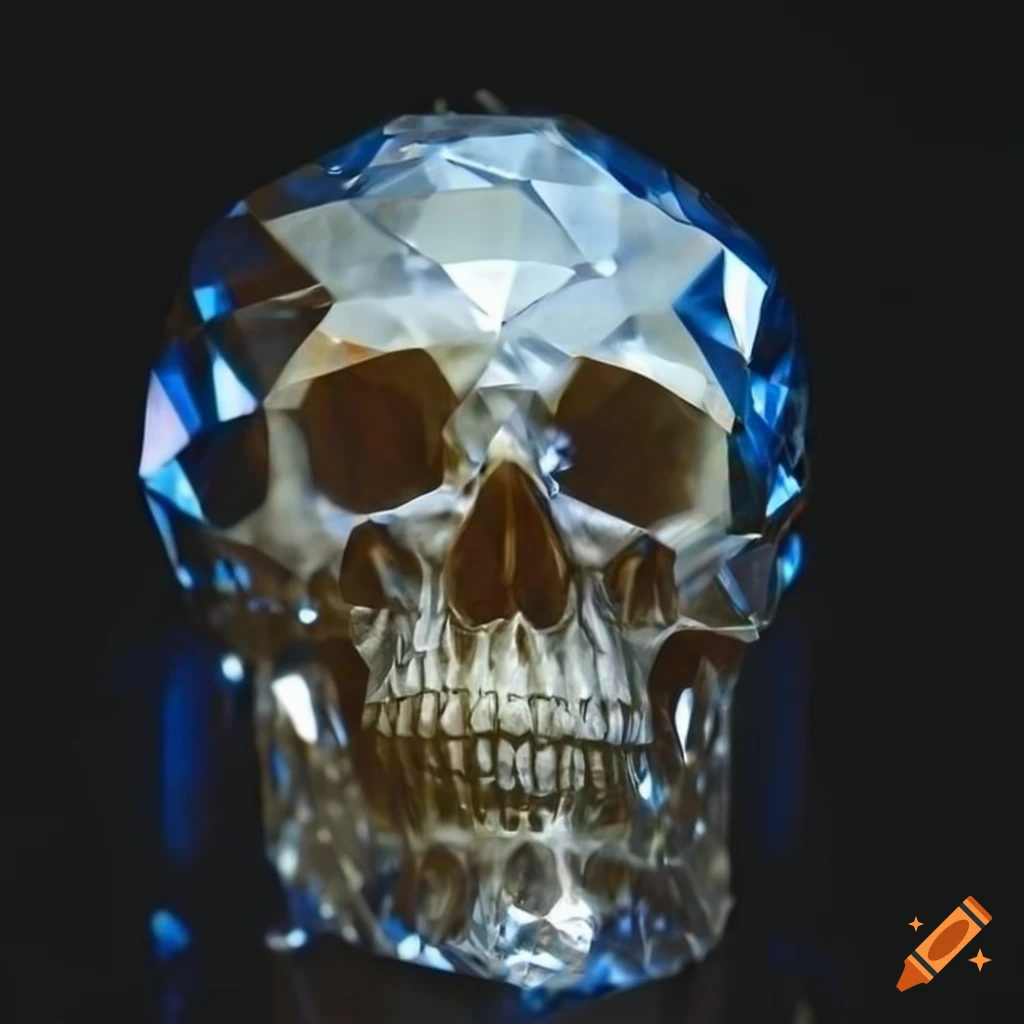 Faceted giant clear diamond skull illuminated in a dark room on Craiyon
