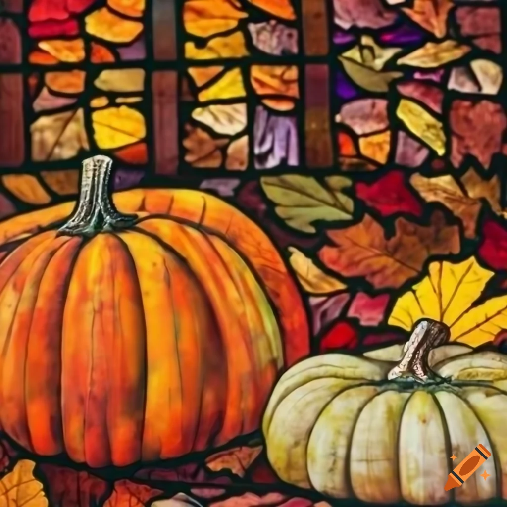 Autumn stained glass with pumpkins and leaves icon on Craiyon