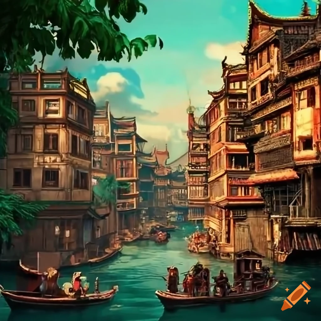 Chinese steampunk port town with 1890 architecture in a lush jungle ...