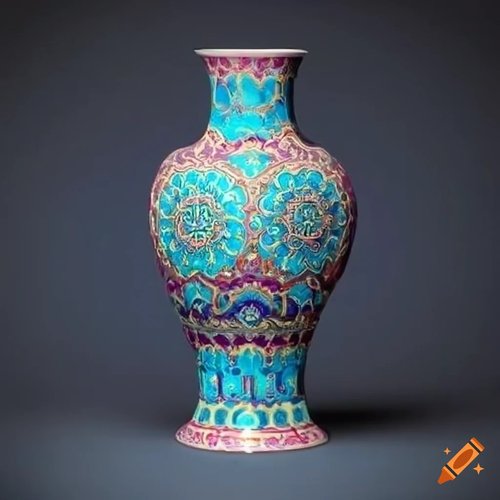 Antique Chinese vase with mandala patterns in pink, blue, and gold on ...