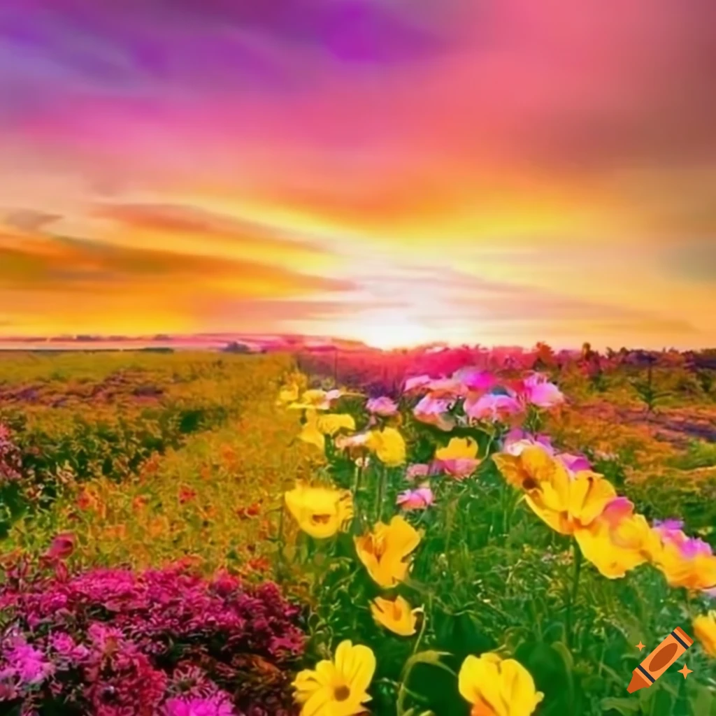 Flower garden with sunset featuring light pink and yellow flowers on Craiyon