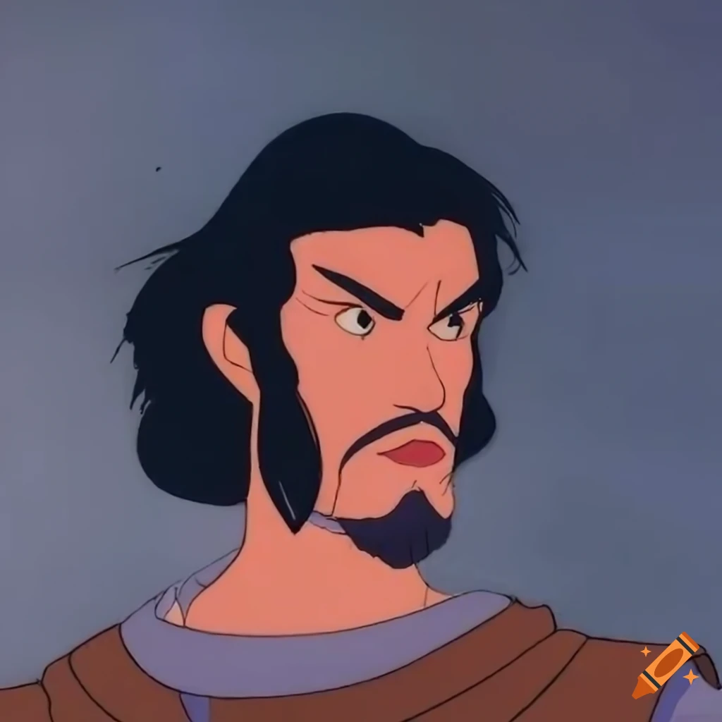 Close-up of a handsome male medieval rogue in classic Disney cel ...