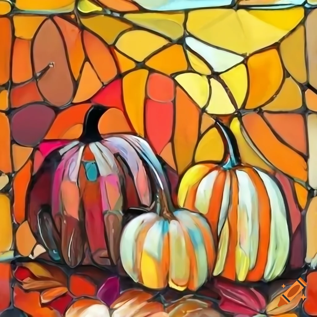Autumn stained glass with pumpkins and leaves on Craiyon